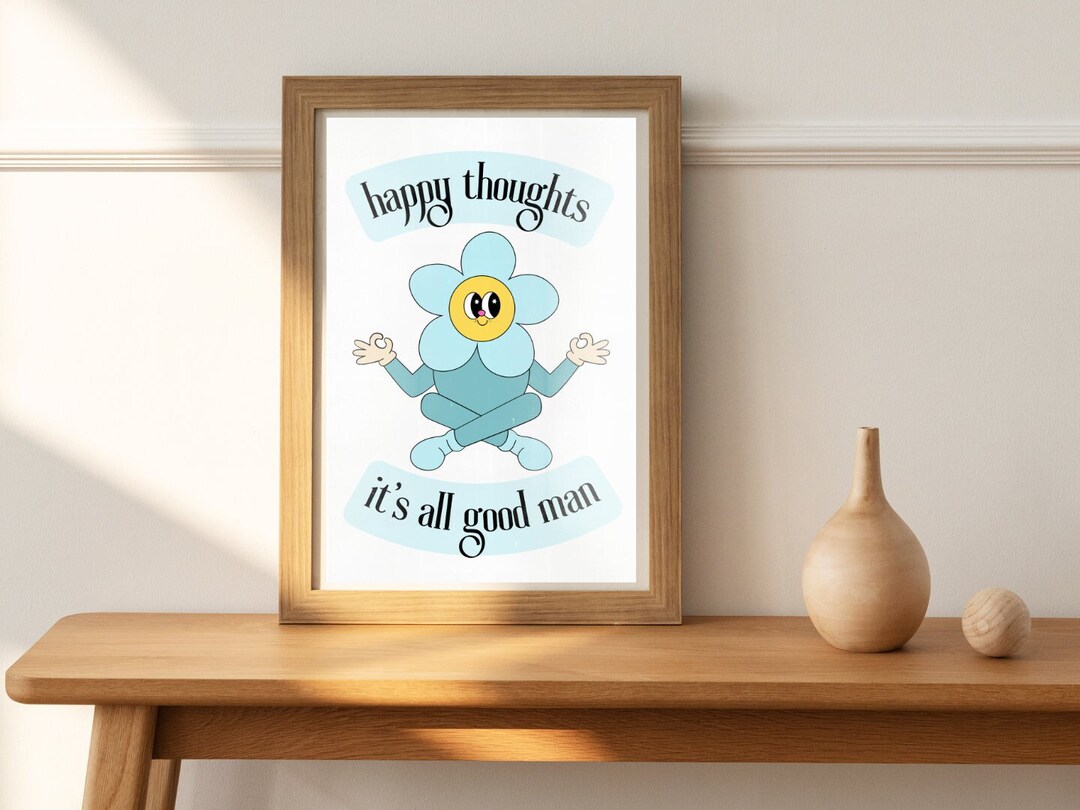Wall Art, Digital Download, Happy Thoughts, Retro Poster, Flower Wall ...