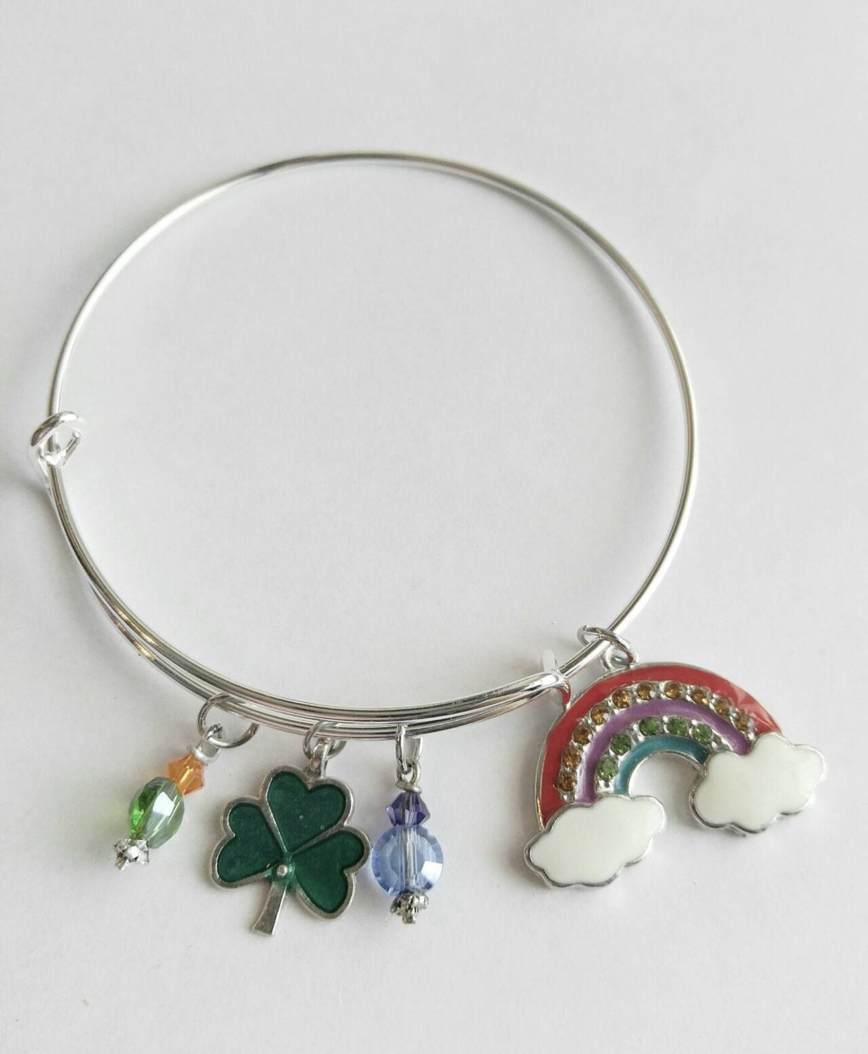 Rainbow Irish Bangle Charm Bracelet, Shamrock Bracelet, Expandable ...