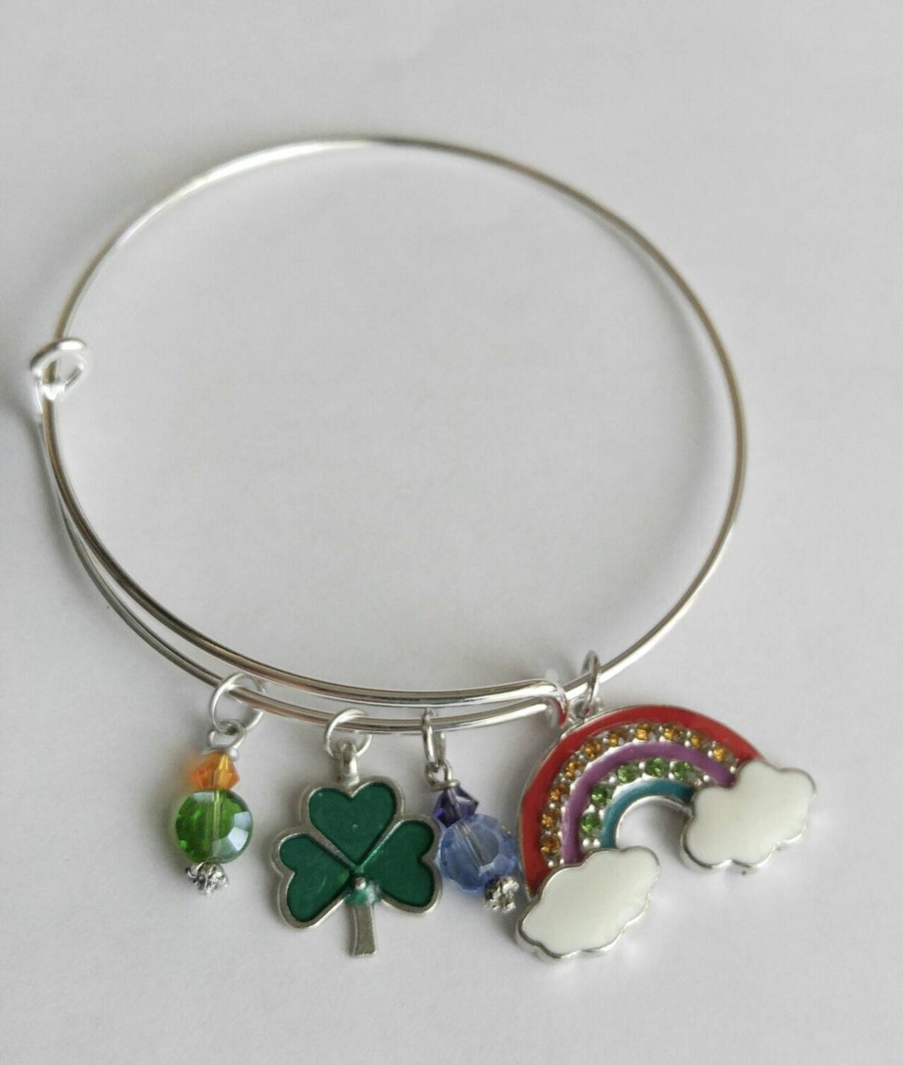 Rainbow Irish Bangle Charm Bracelet, Shamrock Bracelet, Expandable ...