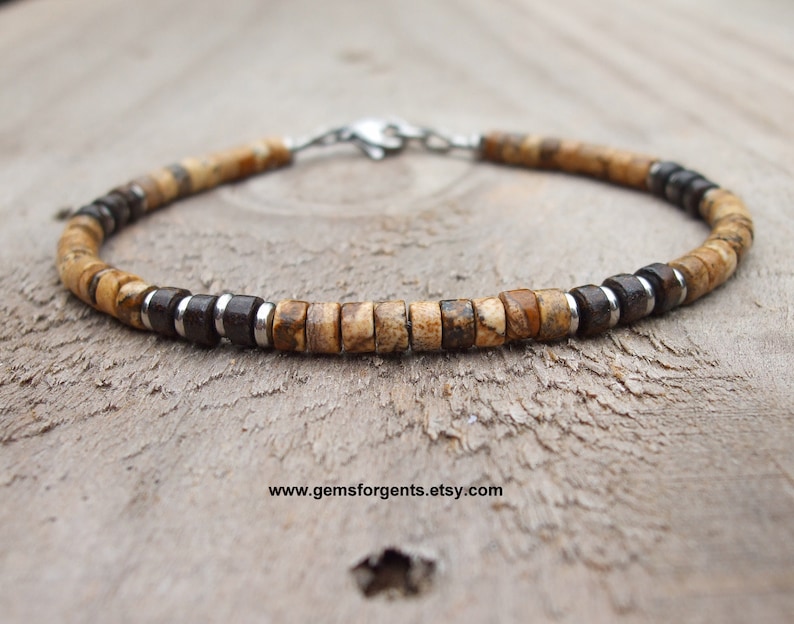 Picture Jasper and Brown Bronzite Heishi Bracelet, Minimalist, Men’s ...