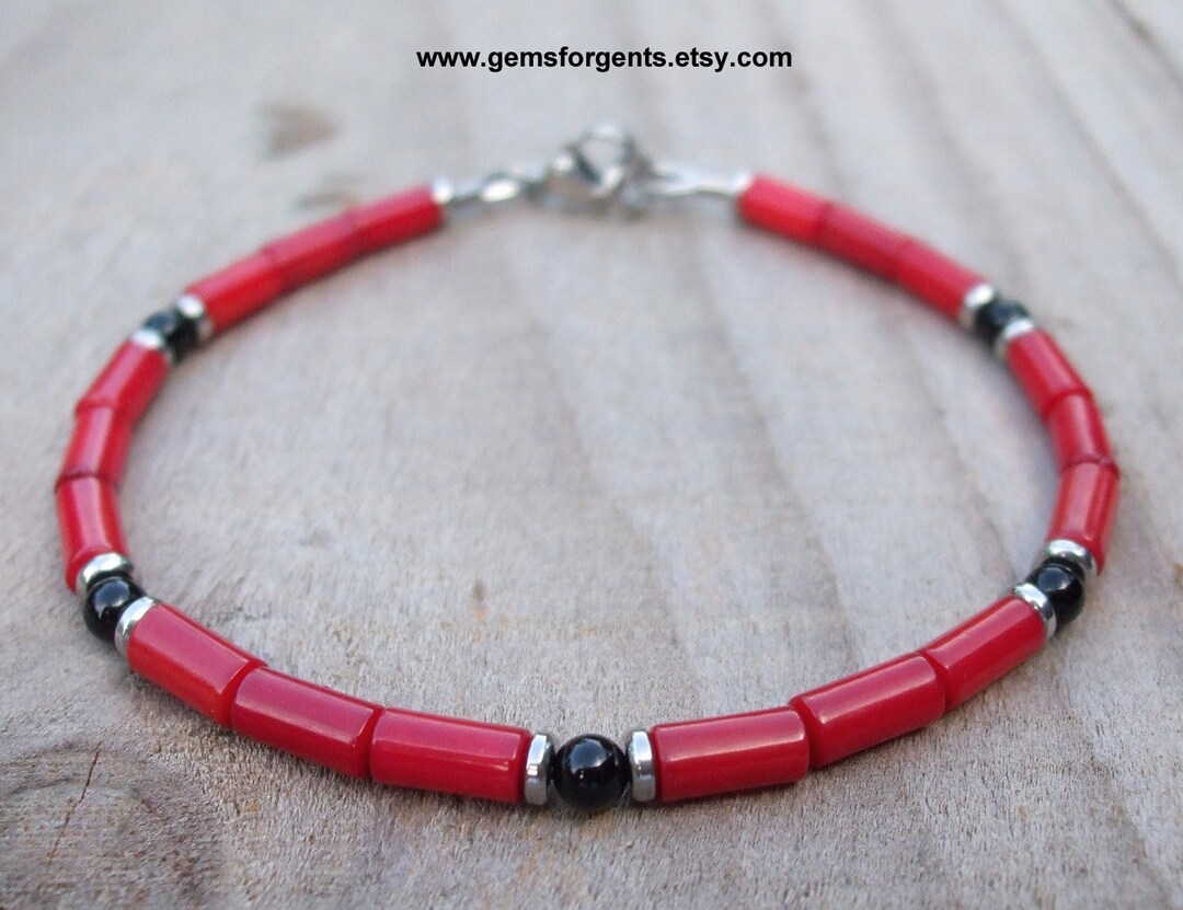 Red Bamboo Coral and Black Onyx, Tube Bracelet, Mens Beaded Bracelet ...