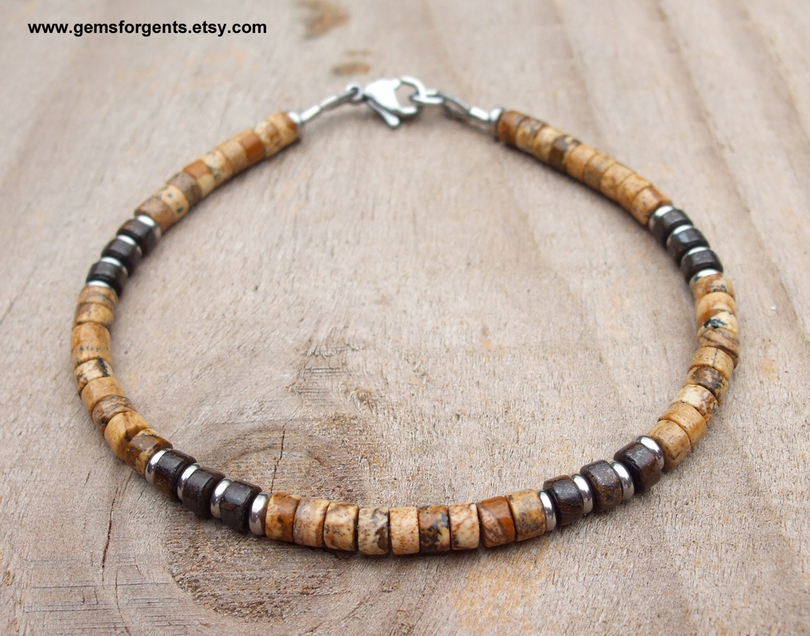 Picture Jasper and Brown Bronzite Heishi Bracelet, Minimalist, Men’s ...