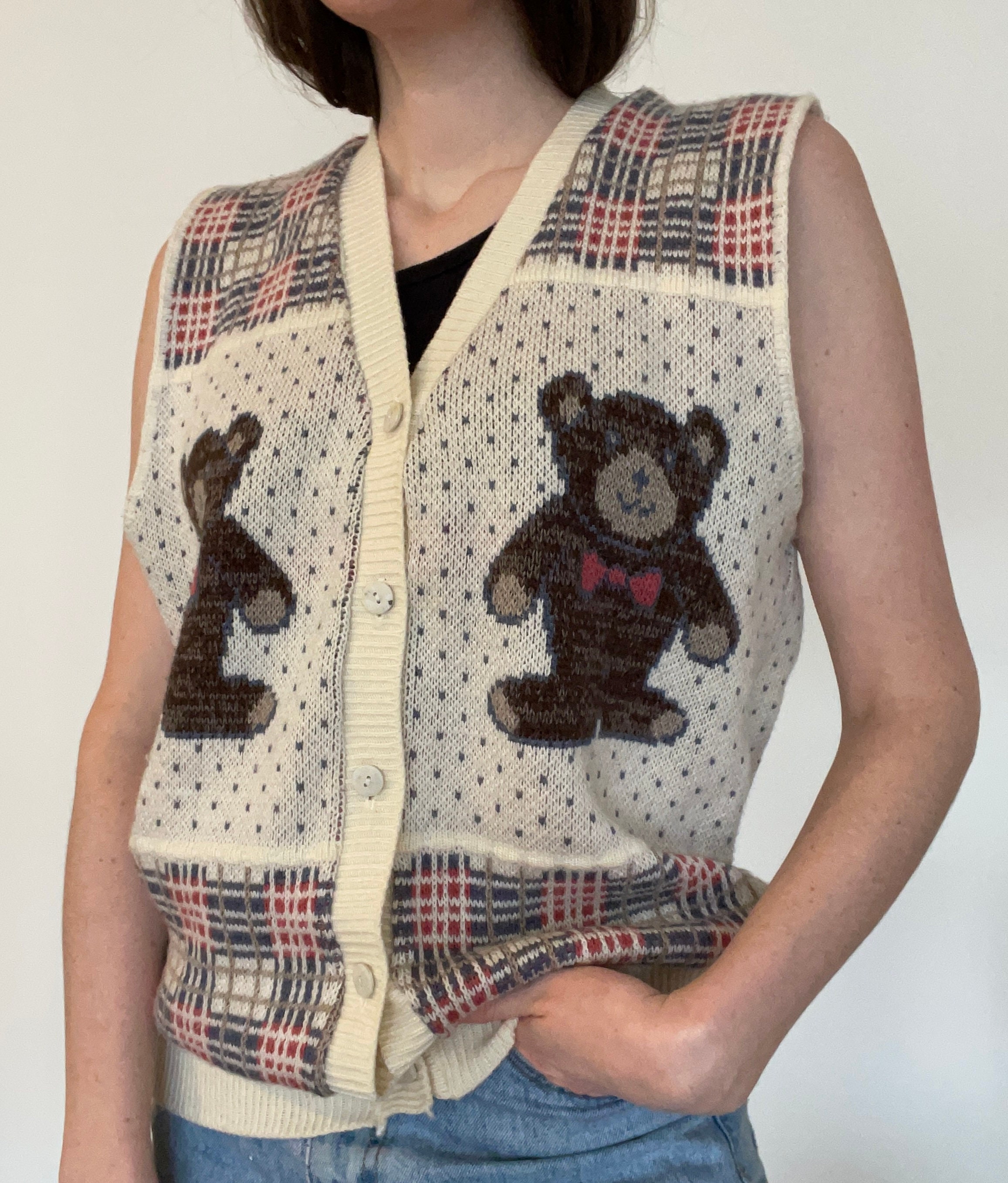 Teddy Bear Knit Sweater Vest / 80's Vintage / Size Large / Separate ...