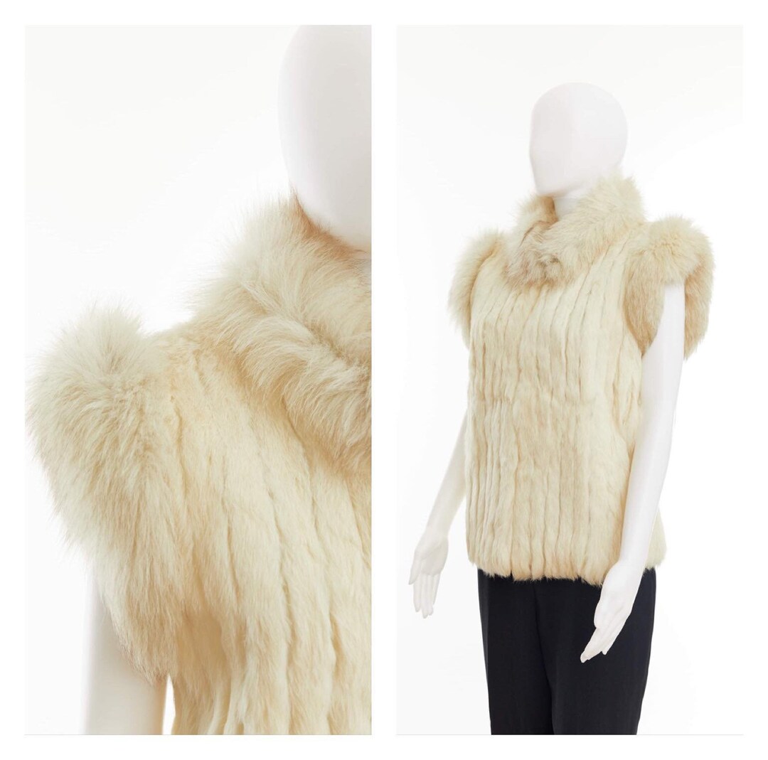 70's Ivory White Rabbit Fur Vest With Fox Collar and Trim / Approx Size ...