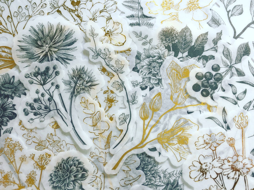 Gold Foliage Sticker Set, Monochrome Leafy Plants Stickers, Floral ...
