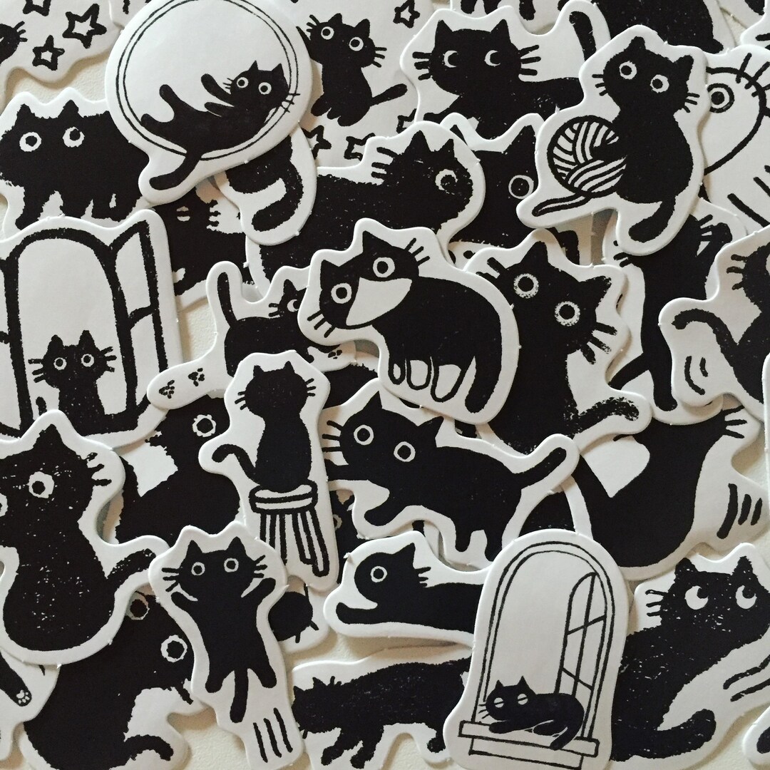 Black Cat Doodle Stickers, Black Kitty Stickers, Kawaii Cat Doodles ...