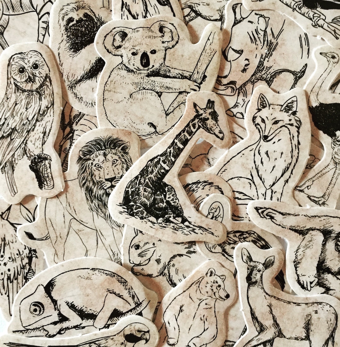 Vintage Animal Sketch Stickers, Safari Animals Stickers, Woodland ...