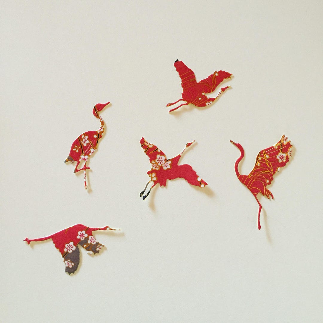 Handmade Flying Cranes Stickers, Japan Crane Bird Sticker, Japanese Art ...