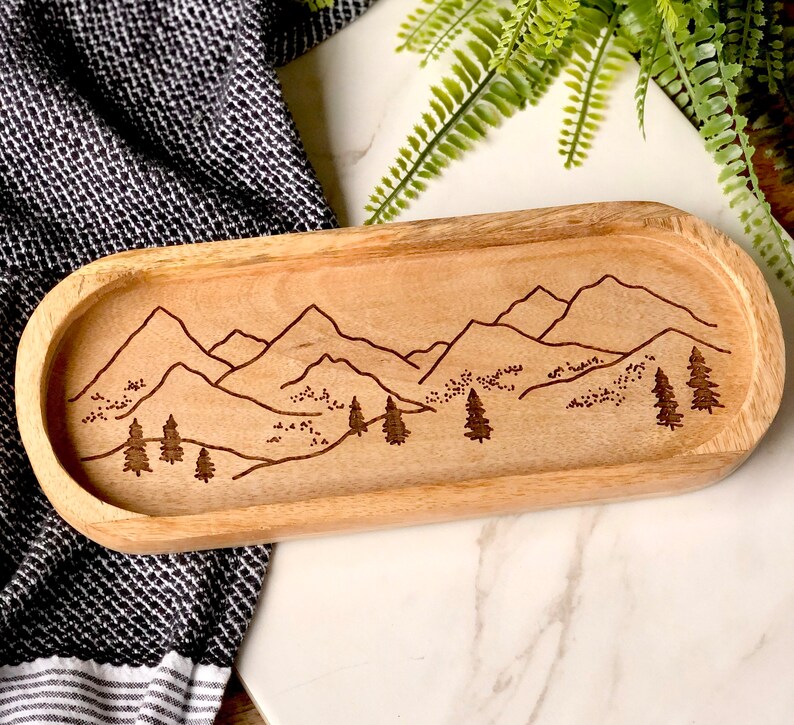 Engraved Mango Wood Tray: Mountain Design, Entry Table Decor - Etsy