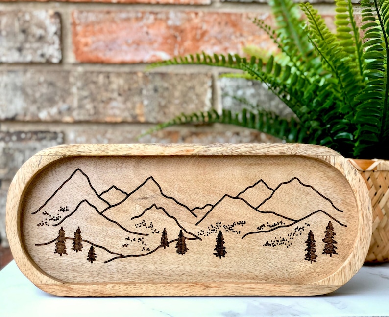 Engraved Mango Wood Tray: Mountain Design, Entry Table Decor - Etsy