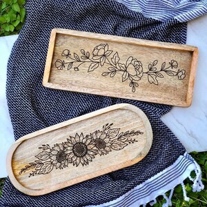Engraved Wooden Tray With Floral Design, Farmhouse Coffee Table Tray ...