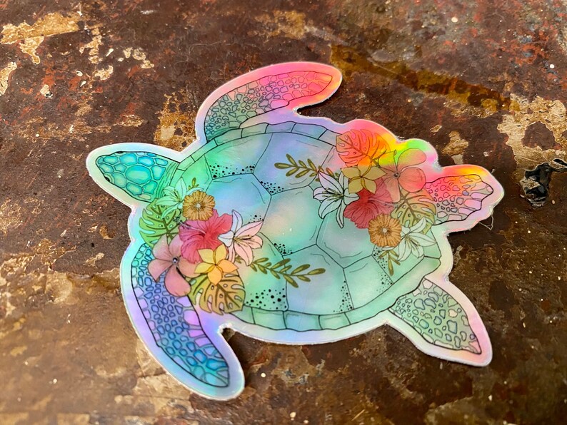 Holographic Sea Turtle Floral Sticker - Etsy Israel