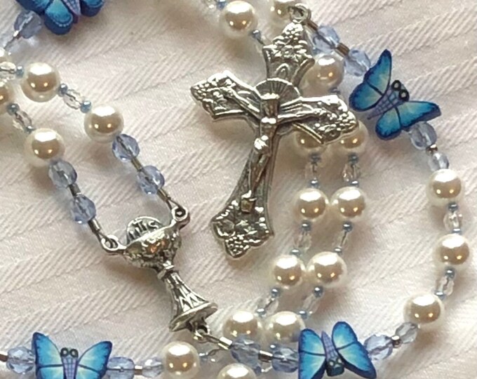 Girls First Holy Communion White Shell Rosary With Blue Butterflies - Etsy