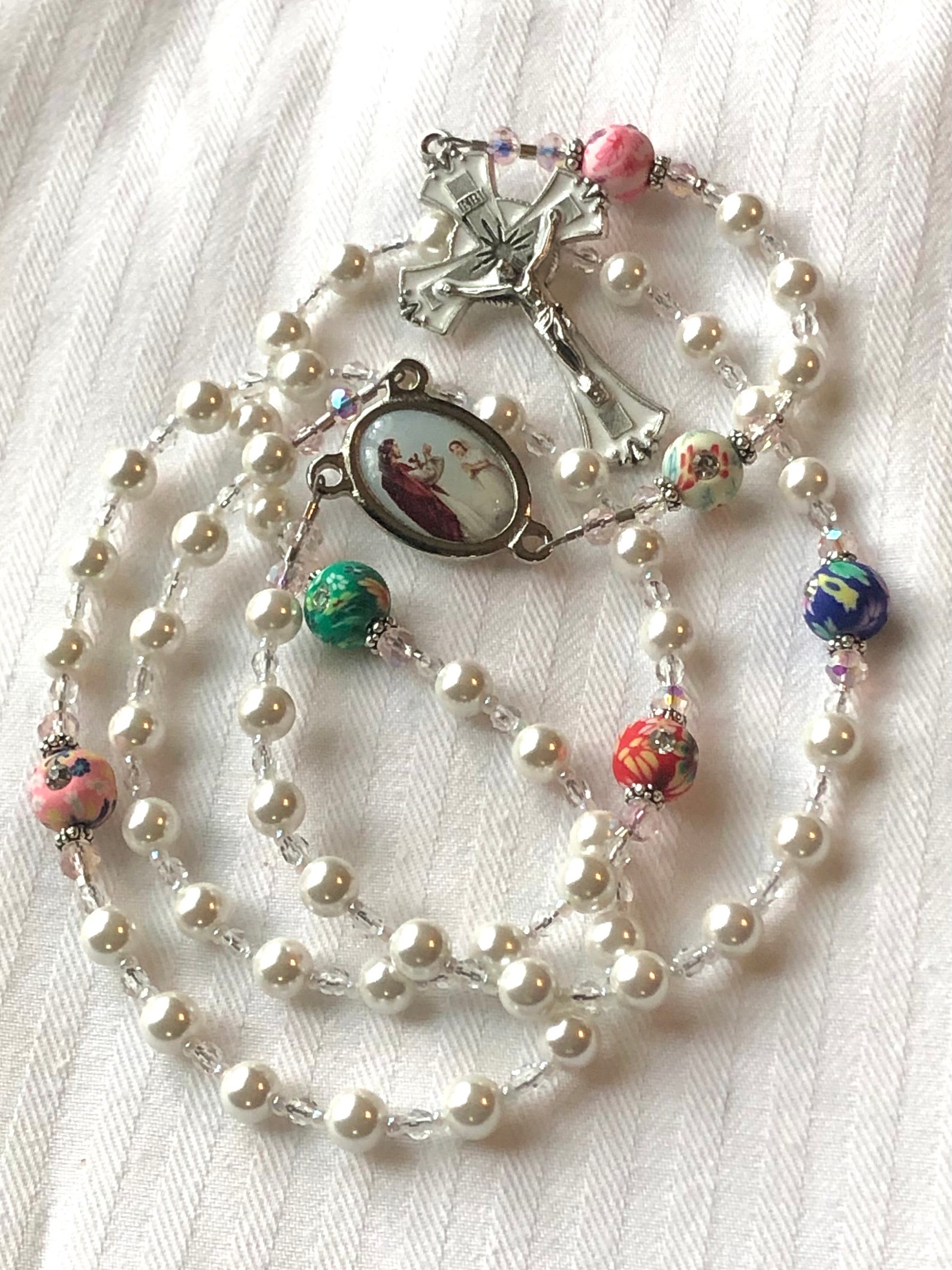 Girl’s First Holy Communion White Shell Rosary With Flower Clay Beads ...