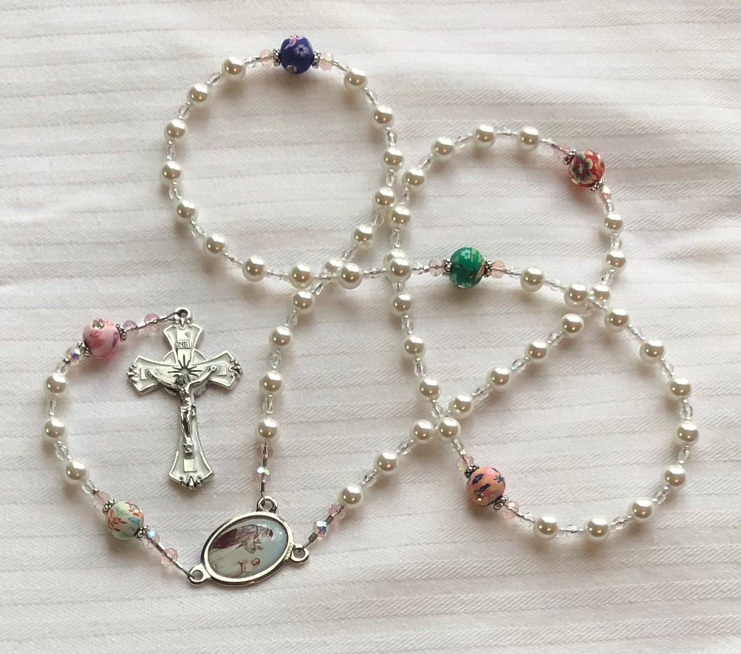 Girl’s First Holy Communion White Shell Rosary With Flower Clay Beads ...