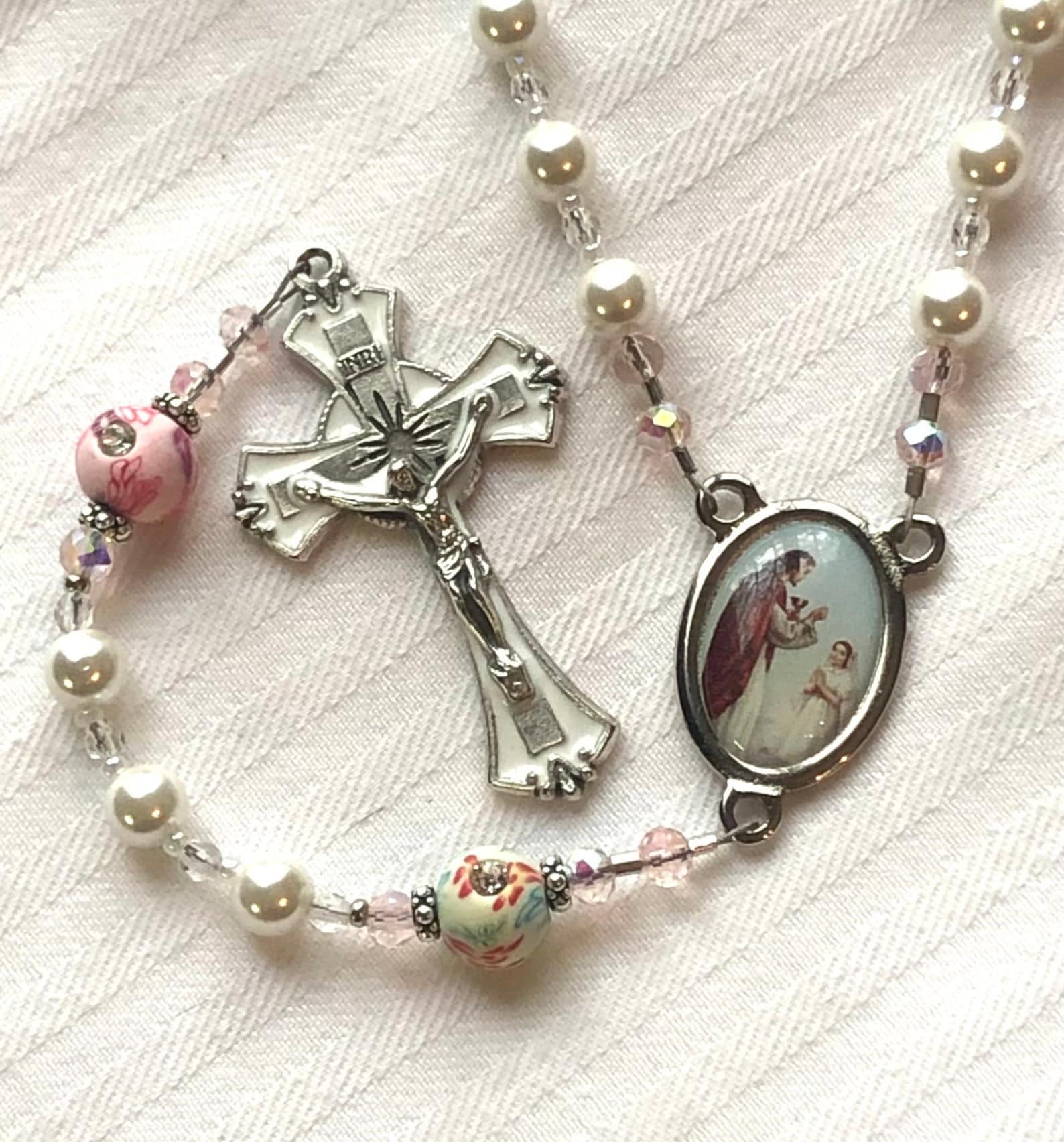 Girl’s First Holy Communion White Shell Rosary With Flower Clay Beads ...