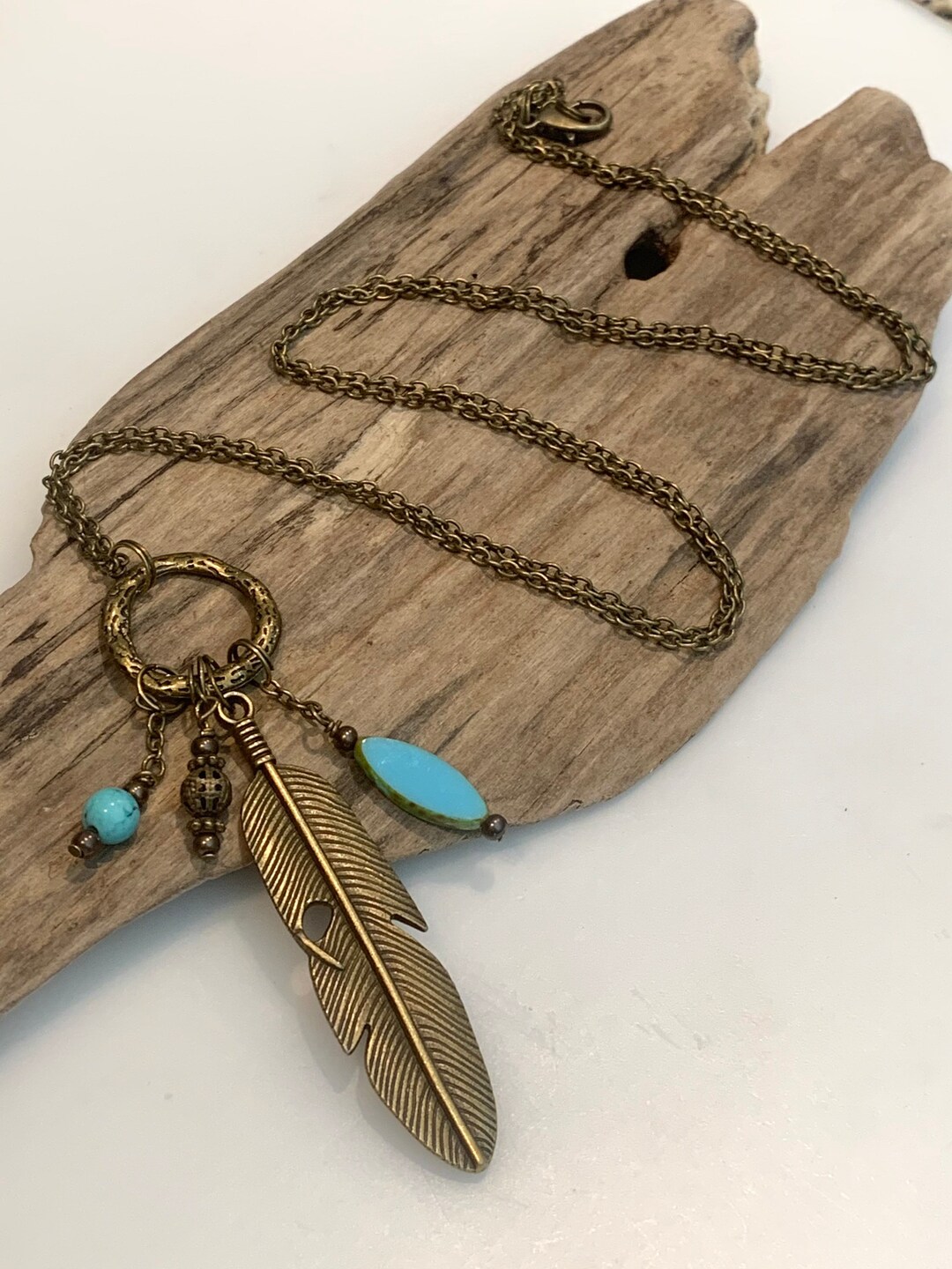 Boho Pendant Necklace, Bronze Feather With Aqua, Turquoise Stones, Long ...