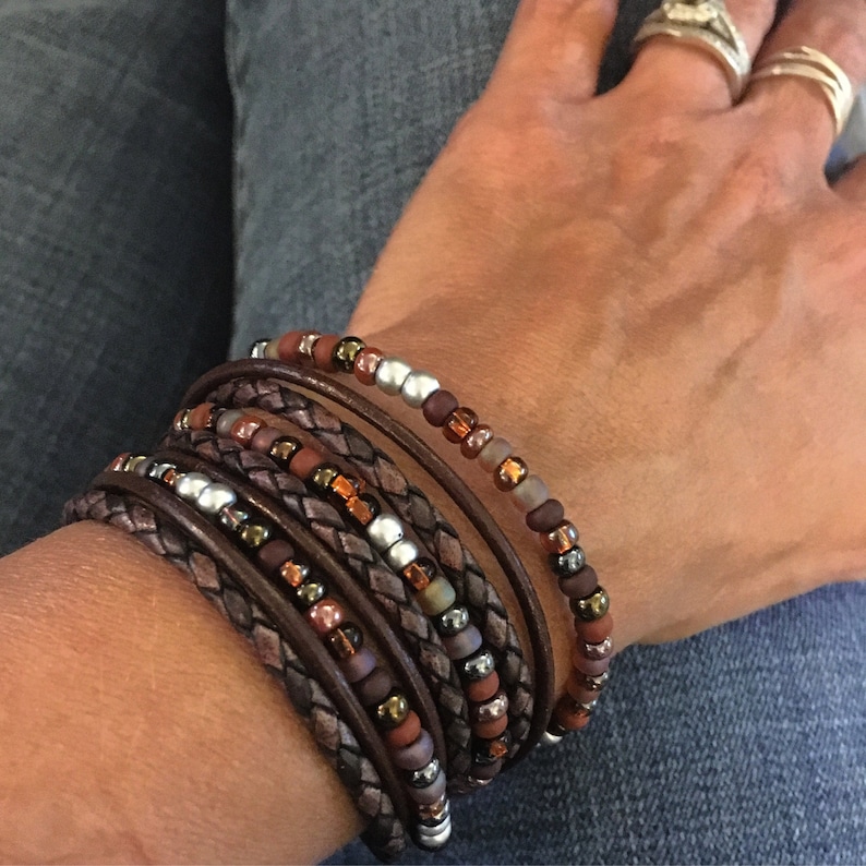 Brown Leather Bracelet Stack Boho Wrap Bracelet Leather - Etsy
