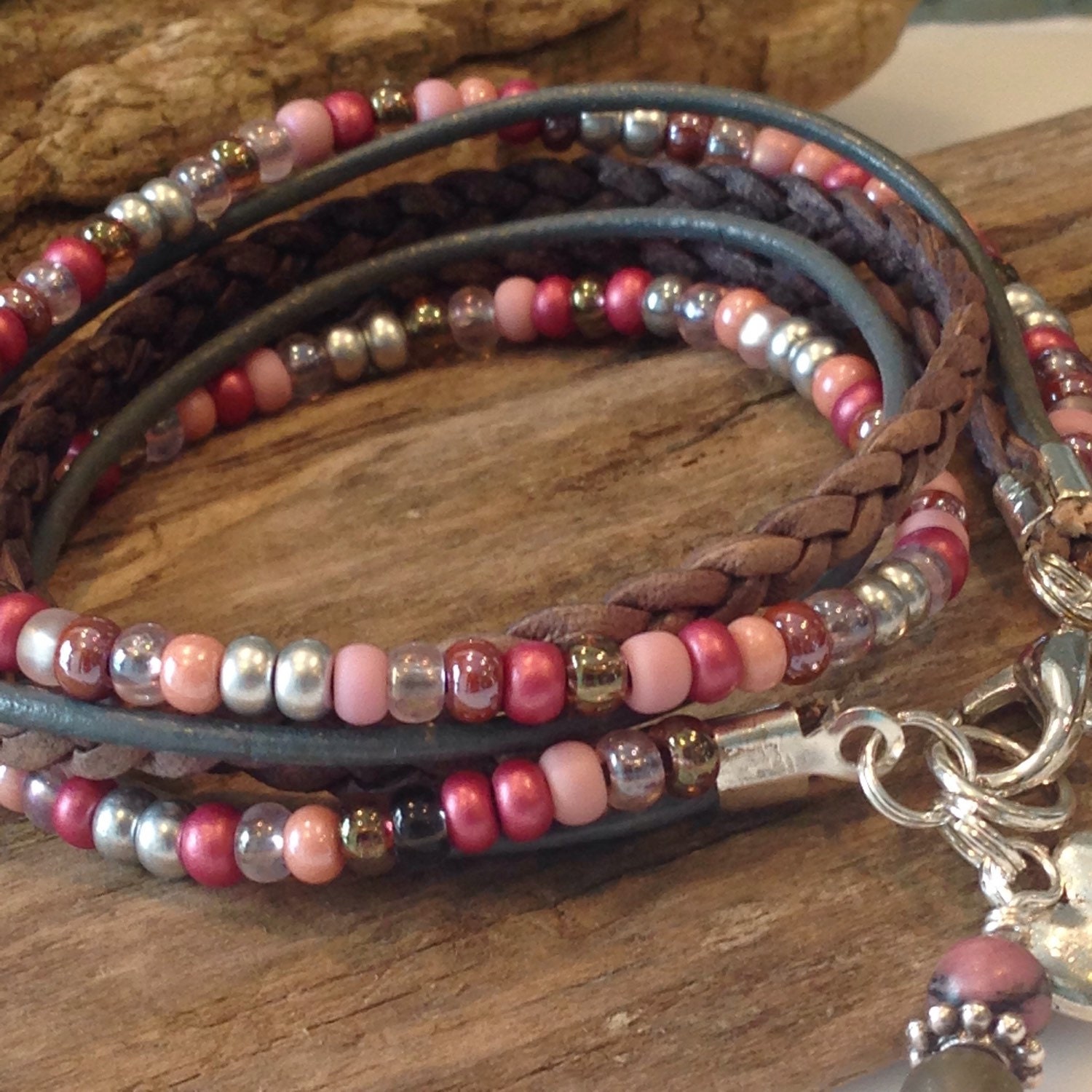 Spring Bracelet, Custom, Layering Bracelet, Boho Wrap, Beaded Leather ...