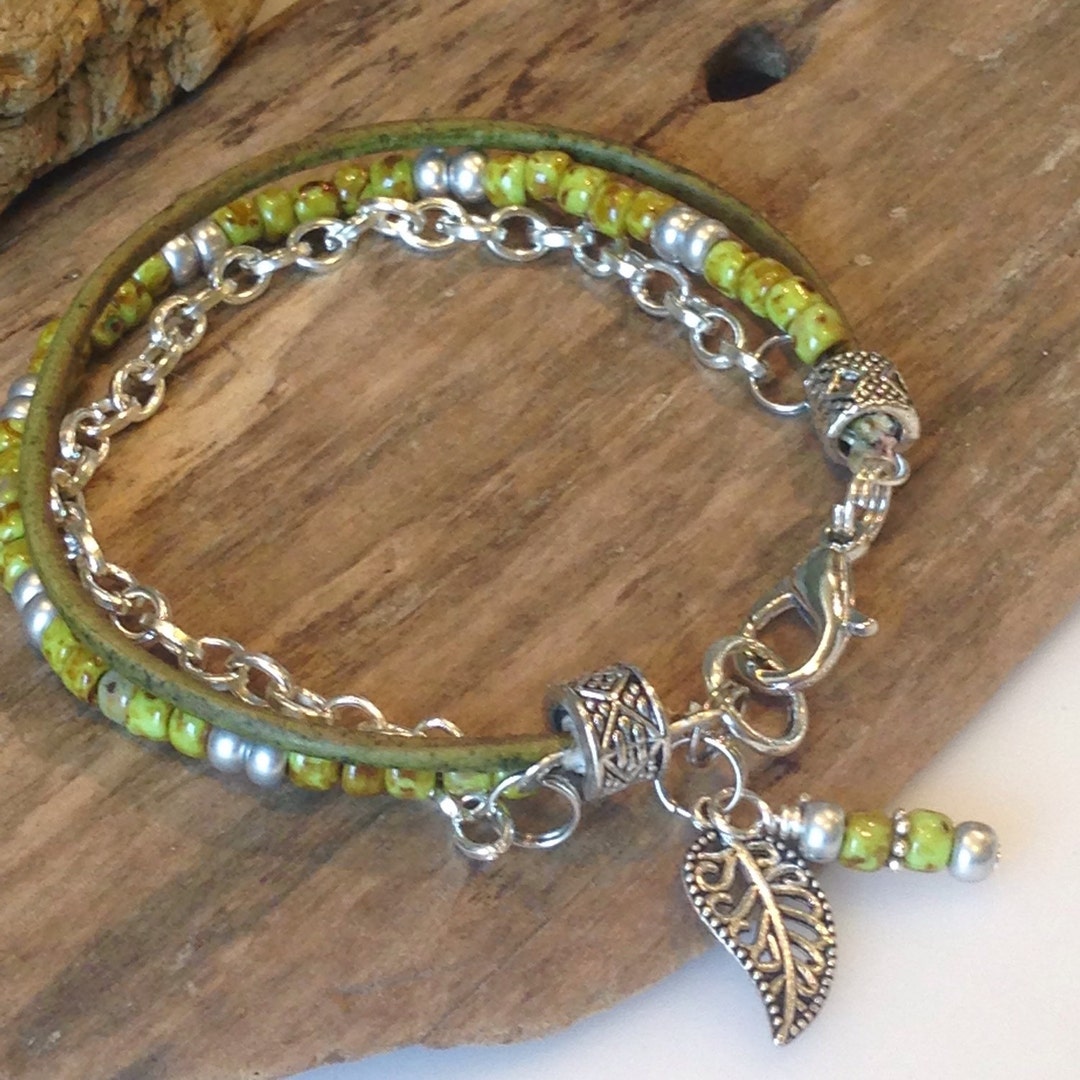 Spring Bracelet,boho Bracelet, Single Wrap, Moss Green, Silver, Miyuki ...