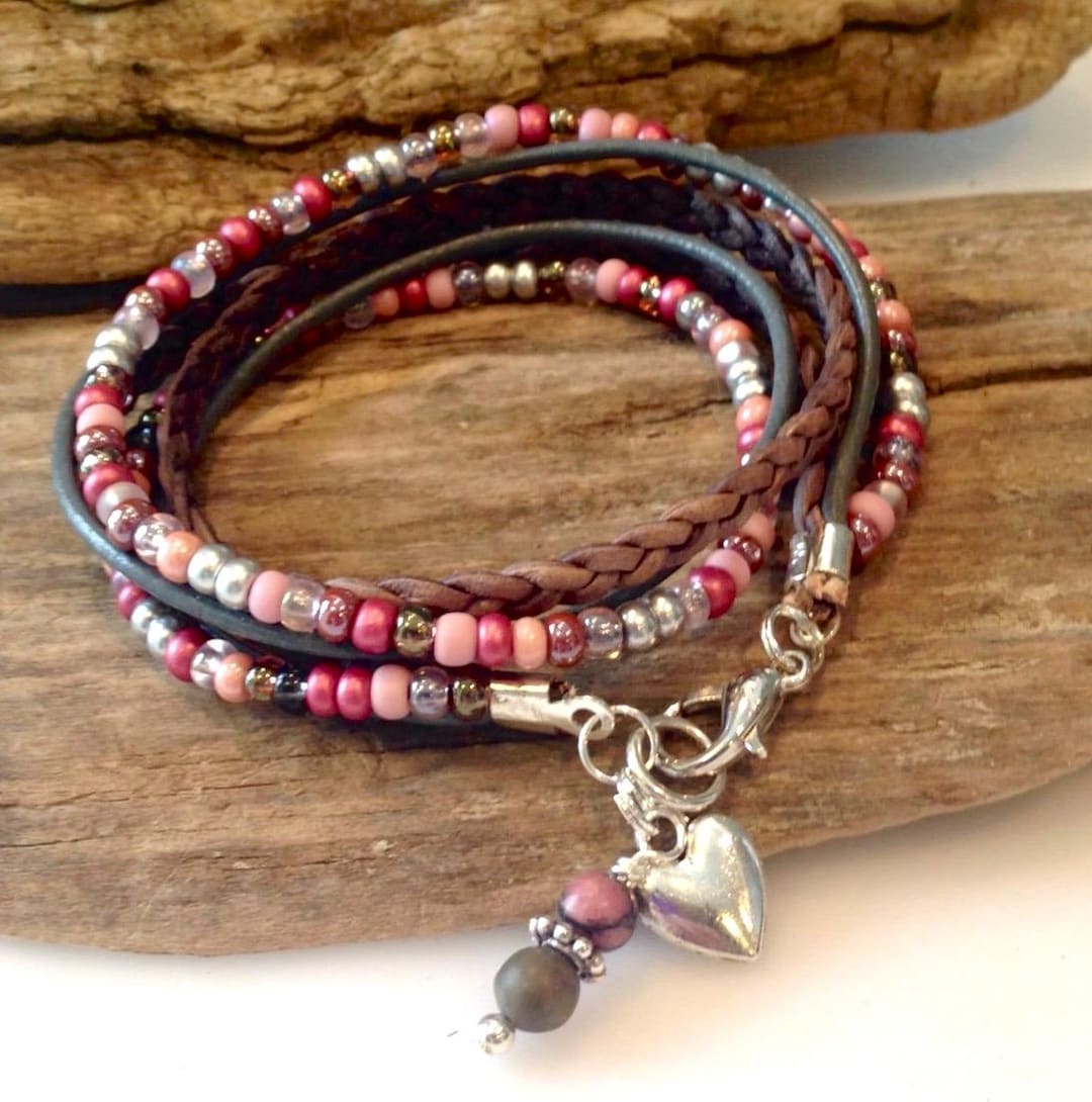 Spring Bracelet, Custom, Layering Bracelet, Boho Wrap, Beaded Leather ...