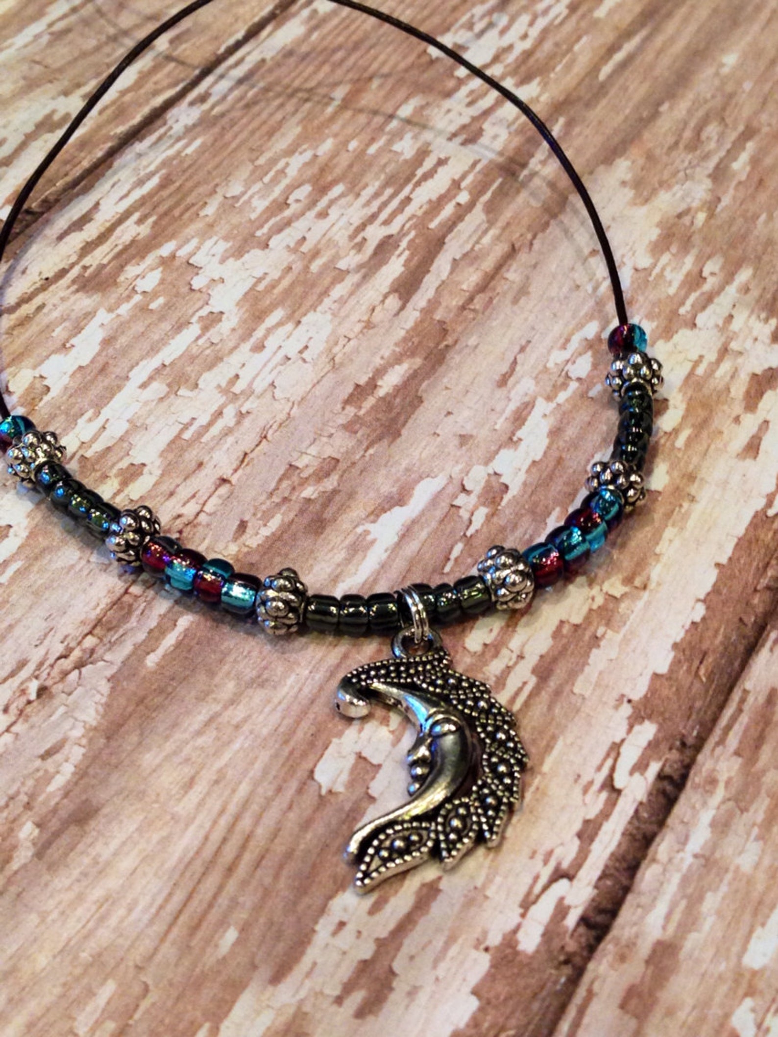 Beaded Boho Leather Necklace Moon Charmcelestial CHOOSE - Etsy
