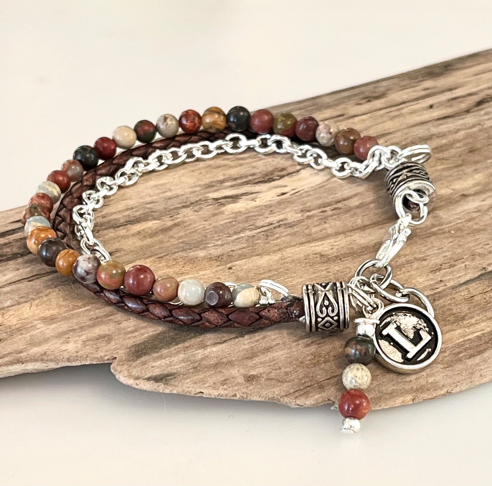 Beaded Boho Bracelet, Red Creek Jasper and Leather Beaded Bracelet ...