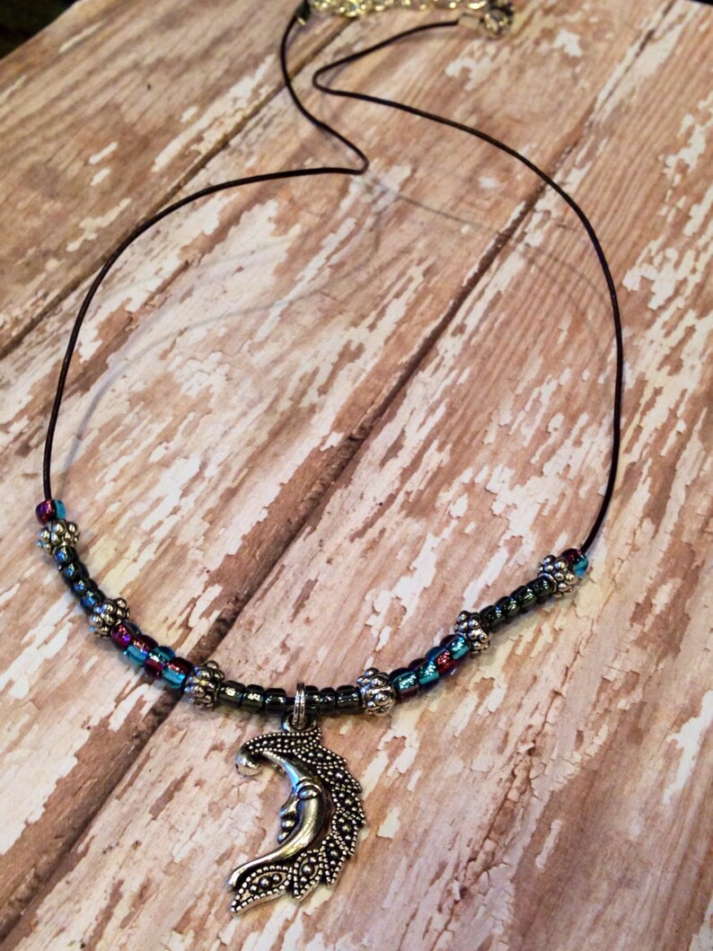 Beaded Boho Leather Necklace Moon Charmcelestial CHOOSE - Etsy