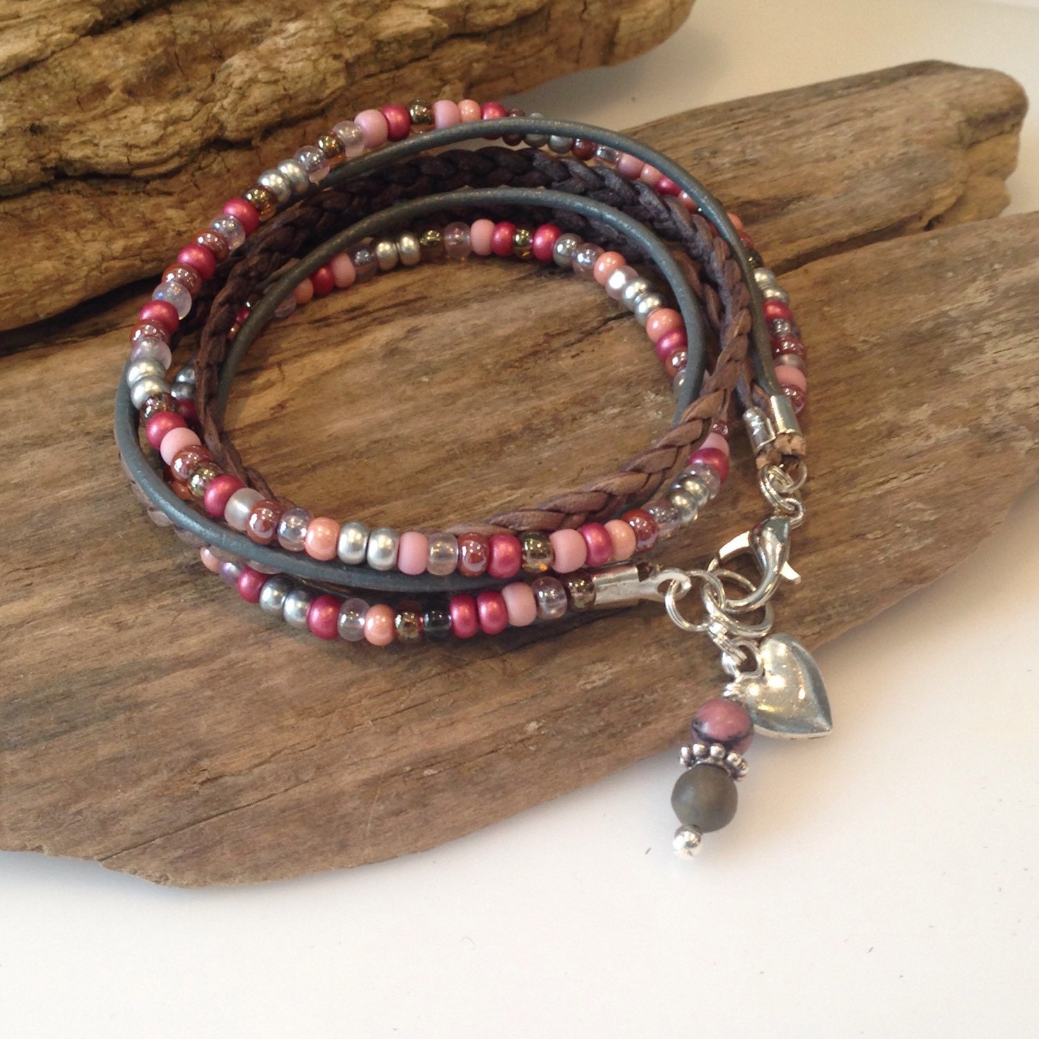 Spring Bracelet, Custom, Layering Bracelet, Boho Wrap, Beaded Leather ...