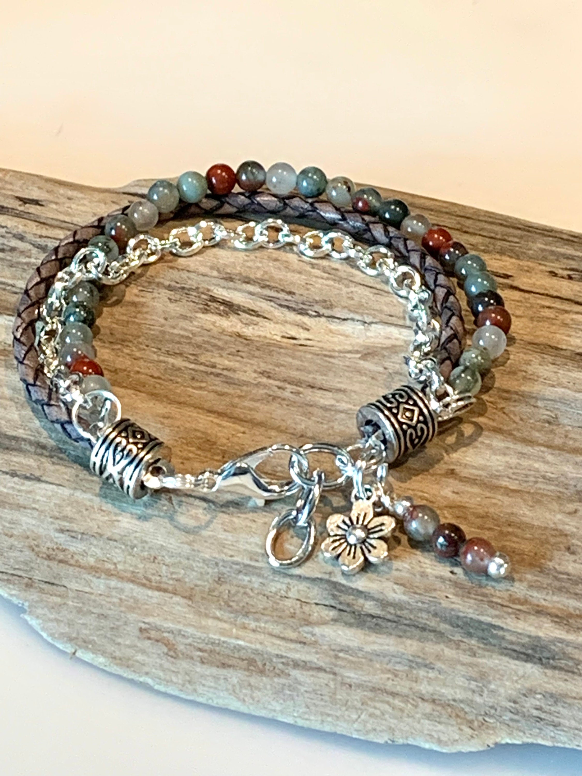 Beaded Boho Bracelet, Blood Stone Jasper and Leather Beaded Bracelet ...
