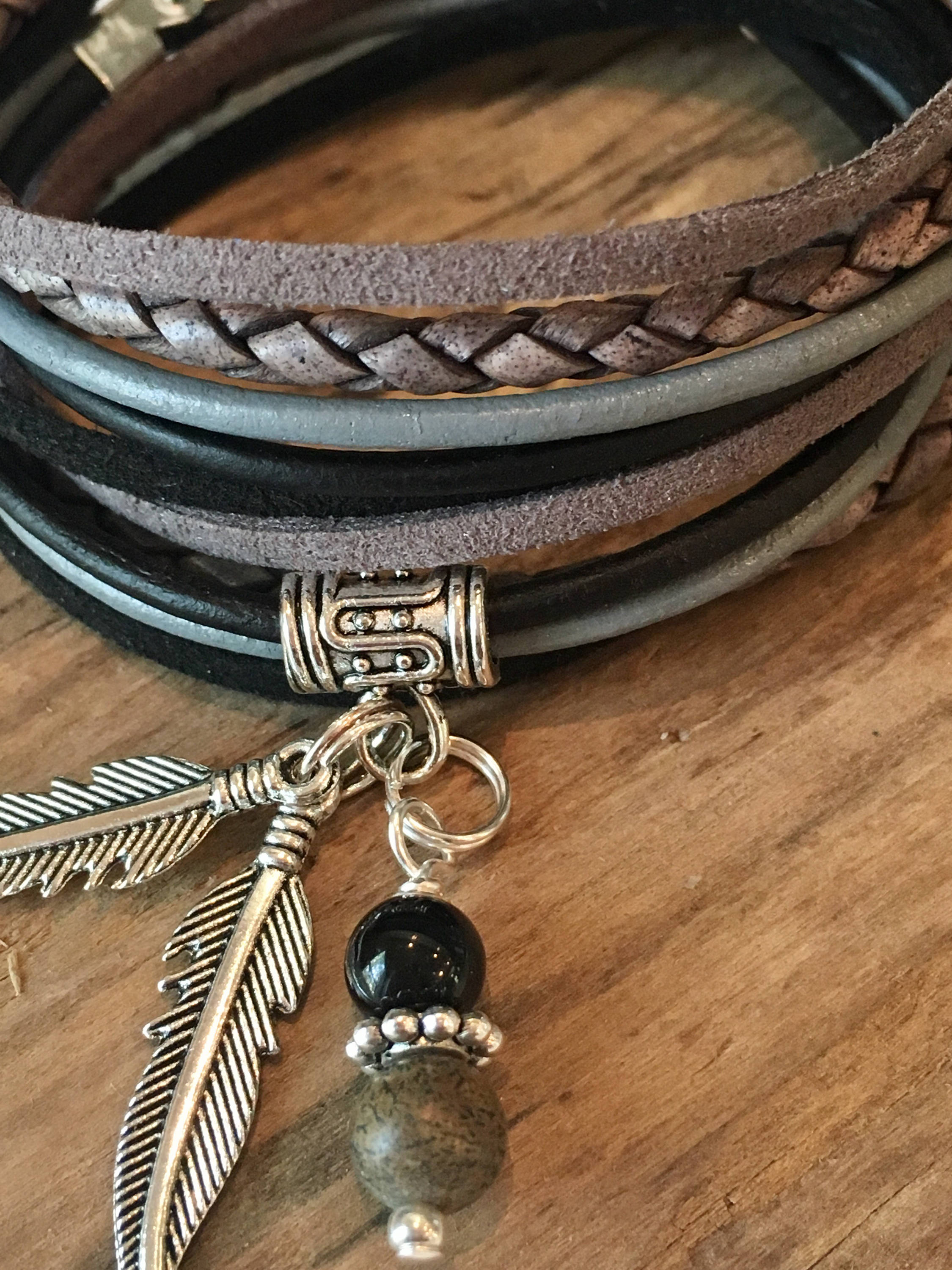 Boho Wrap Bracelet, Braided Leather Bracelet, Gray, Black ...