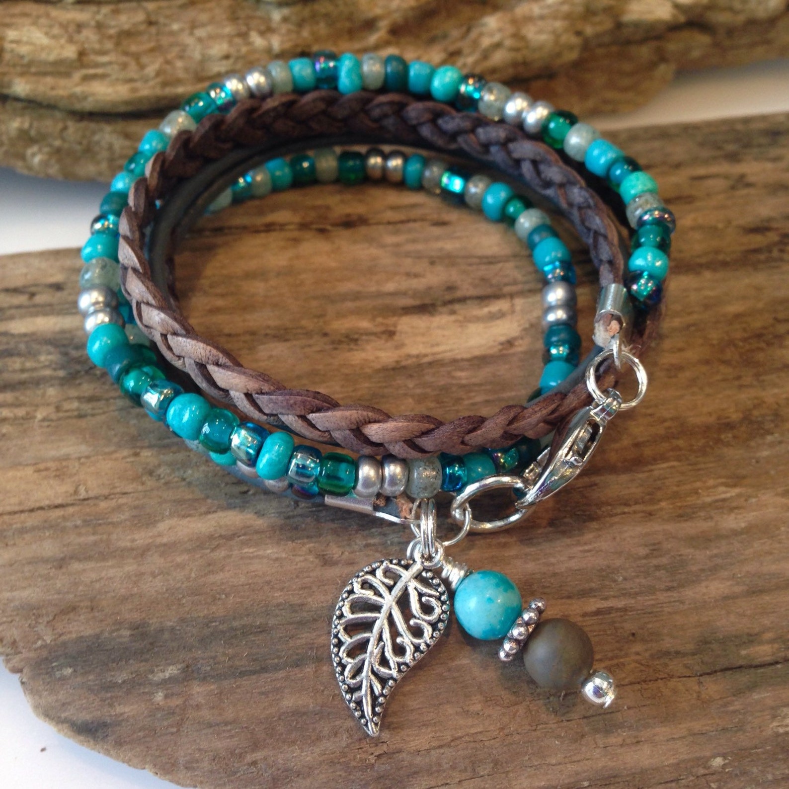 Wrap Bracelet, Beaded Boho Wrap, Leather Beaded Wrap, Turquoise Gray ...