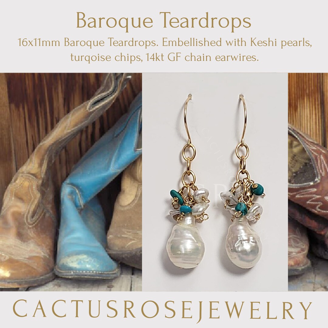 Baroque Teardrop and Keshi Pearl Earrings Turquoise Chips, 14k Gold Filled Findings, Waterfall ...