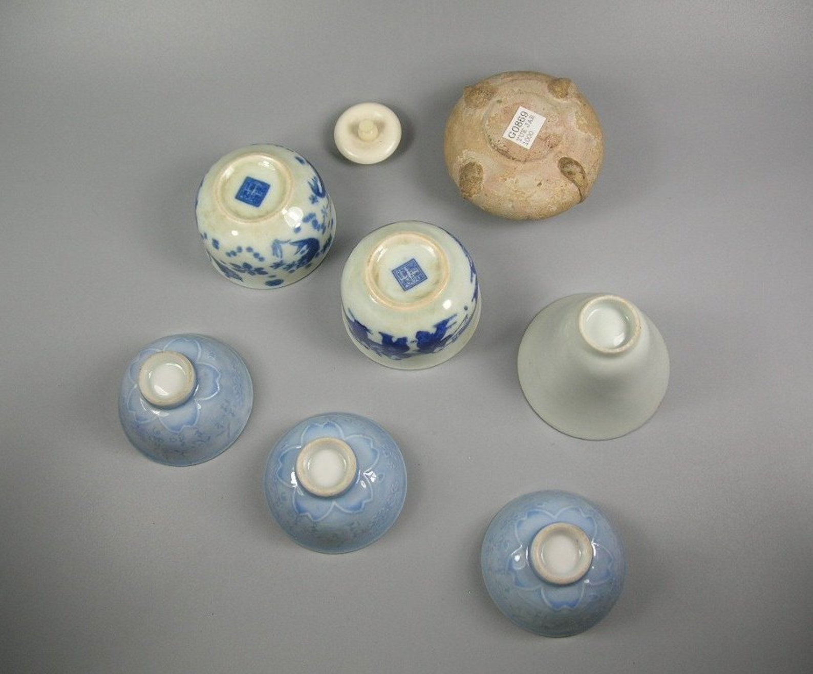 Five Vintage Chinese Tea Cups and One Tang Dynasty Stoneware Washer # ...