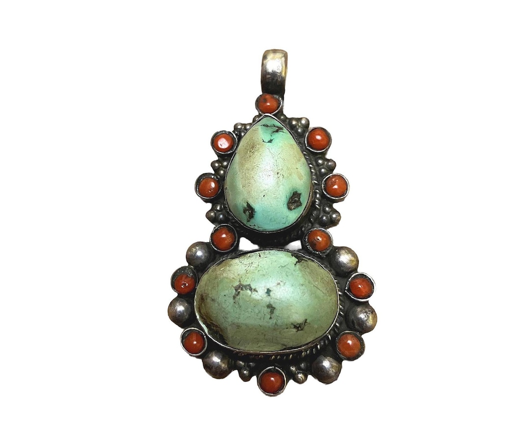 Vintage Asian Sterling Silver Gourd Pendant With Turquoise Inlays - Etsy