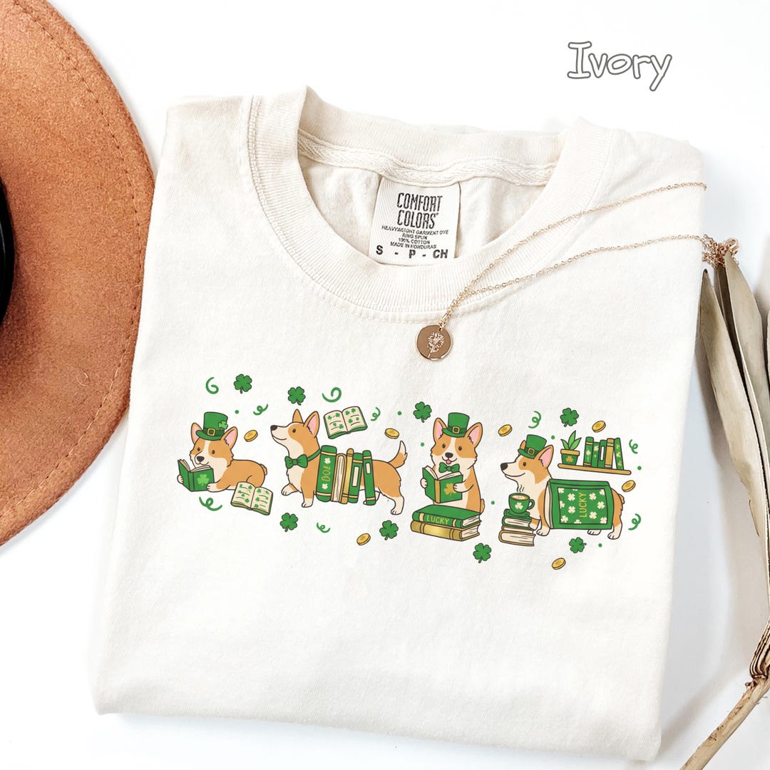 St. Patricks Day Corgi Shirt, Lucky Dog Tee, Reading Corgis Comfort ...