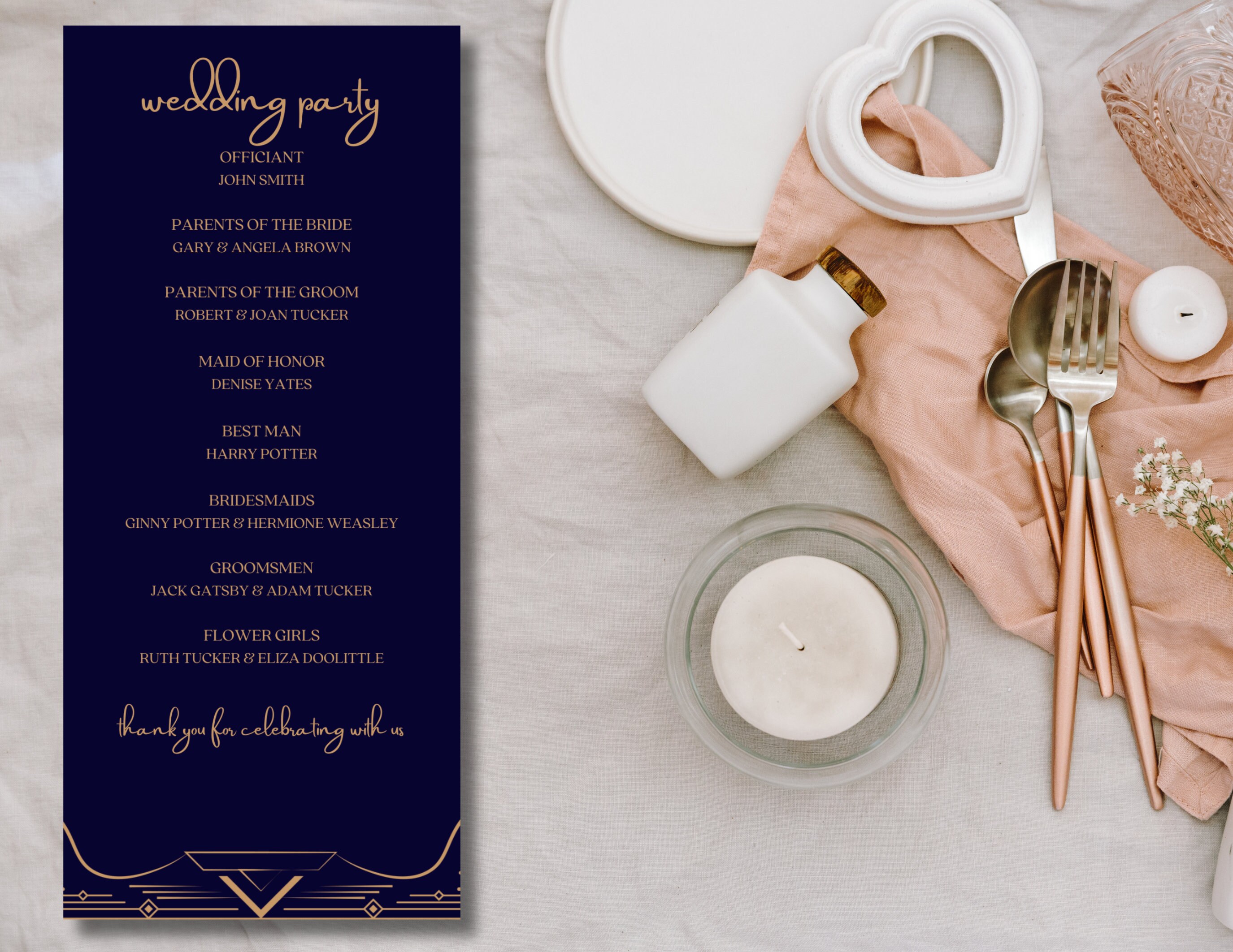 Art Deco Navy and Gold Wedding Program Template, Printable Wedding Program, Gatsby Wedding ...