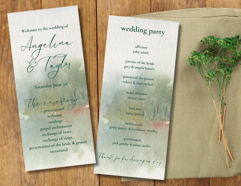 Watercolor Wedding Program Template, Printable Wedding Program, Forest ...