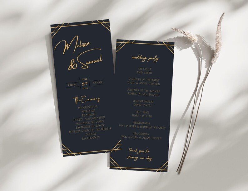 Art Deco Wedding Program Template, Printable Wedding Program, Black ...