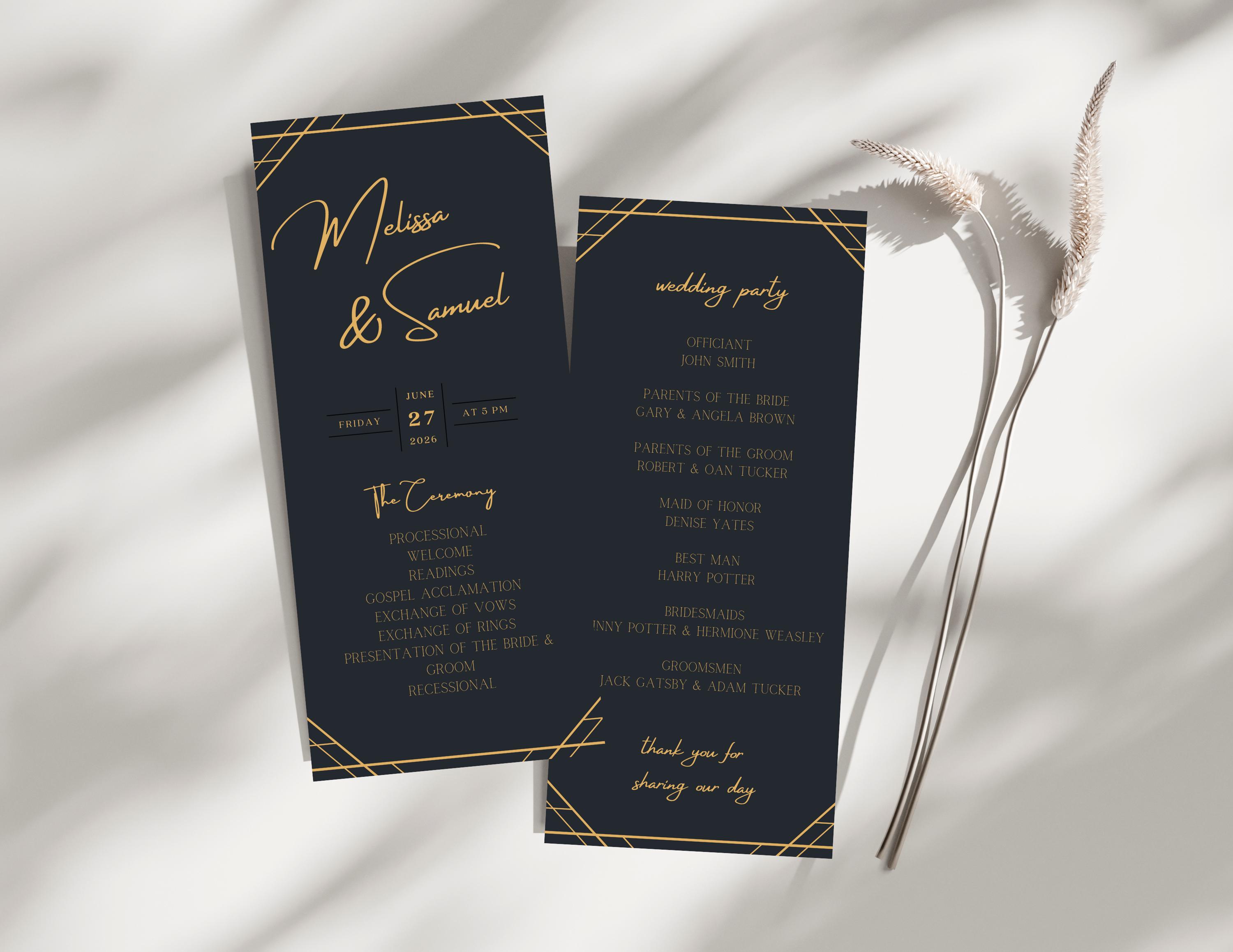Art Deco Wedding Program Template, Printable Wedding Program, Black, Gray, Gold Wedding Program ...