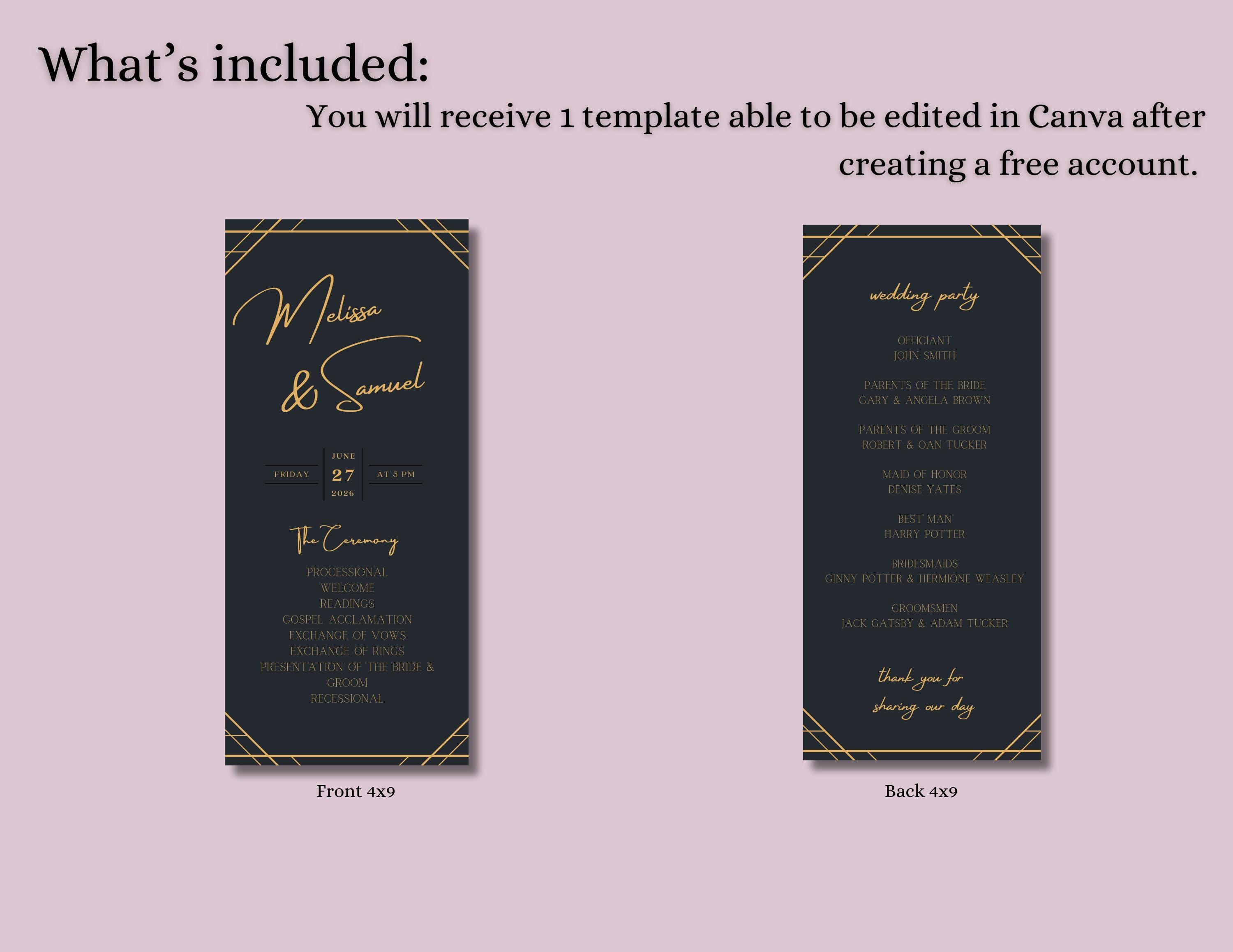 Art Deco Wedding Program Template, Printable Wedding Program, Black, Gray, Gold Wedding Program ...