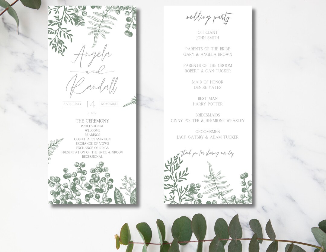 Greenery Wedding Program Template, Printable Wedding Program, Floral ...