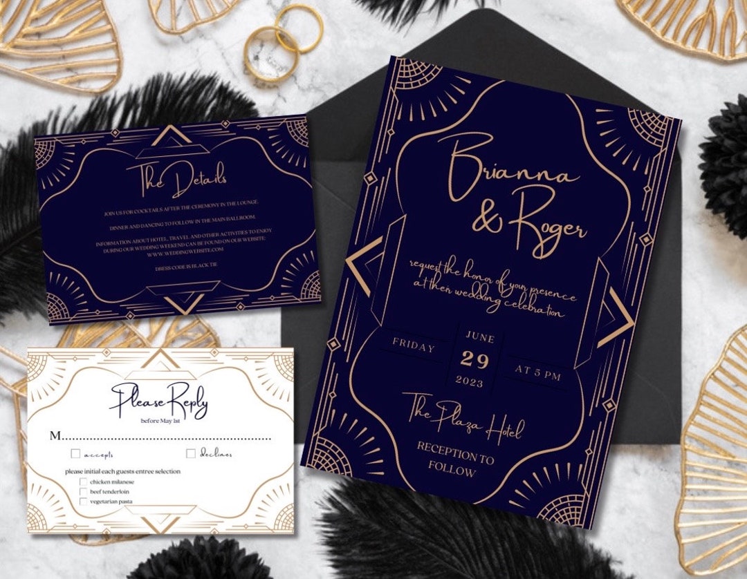 Art Deco Navy and Gold Wedding Invitation Template, Printable Wedding ...
