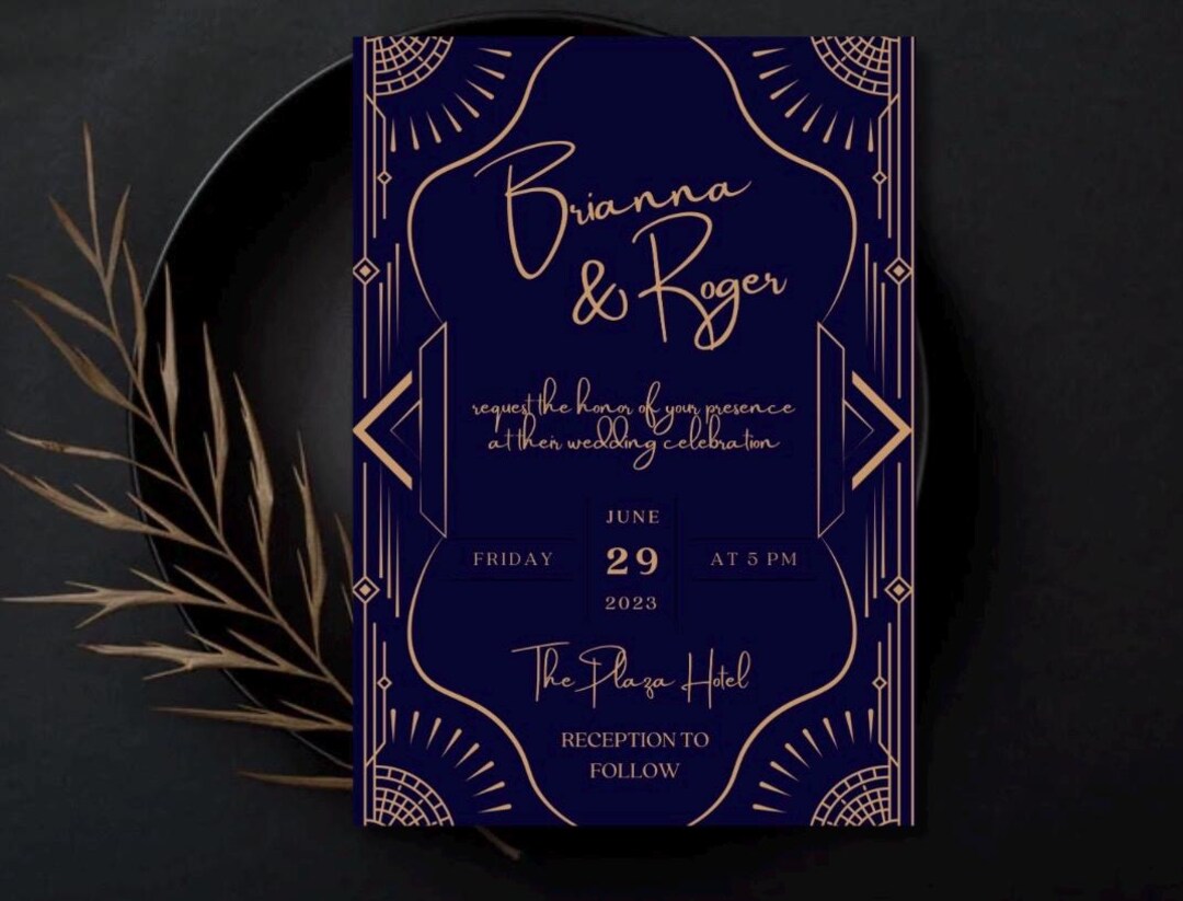 Art Deco Navy and Gold Wedding Invitation Template, Printable Wedding ...