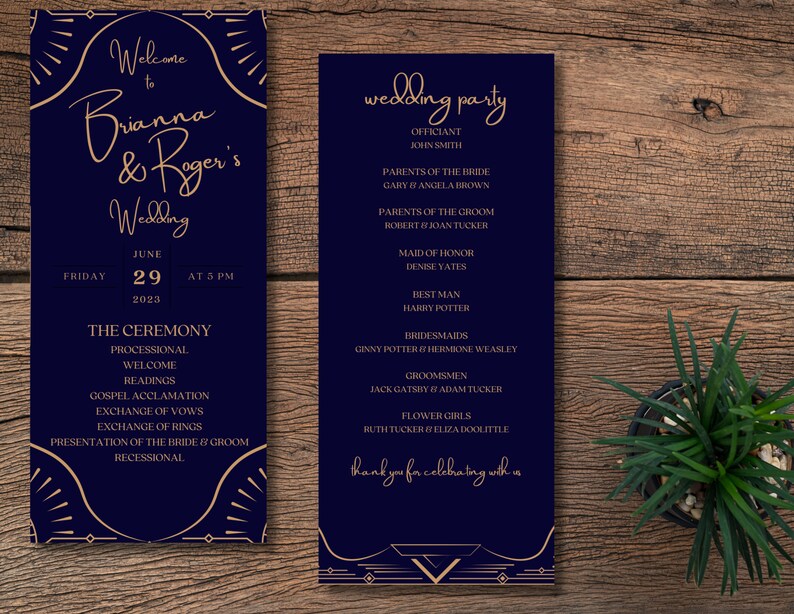 Art Deco Navy and Gold Wedding Program Template, Printable Wedding ...