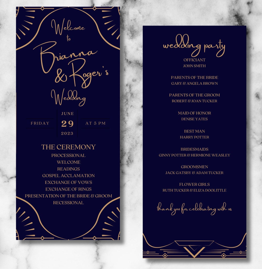 Art Deco Navy and Gold Wedding Program Template, Printable Wedding ...