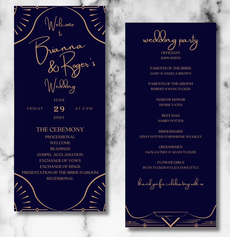 Art Deco Navy and Gold Wedding Program Template, Printable Wedding ...