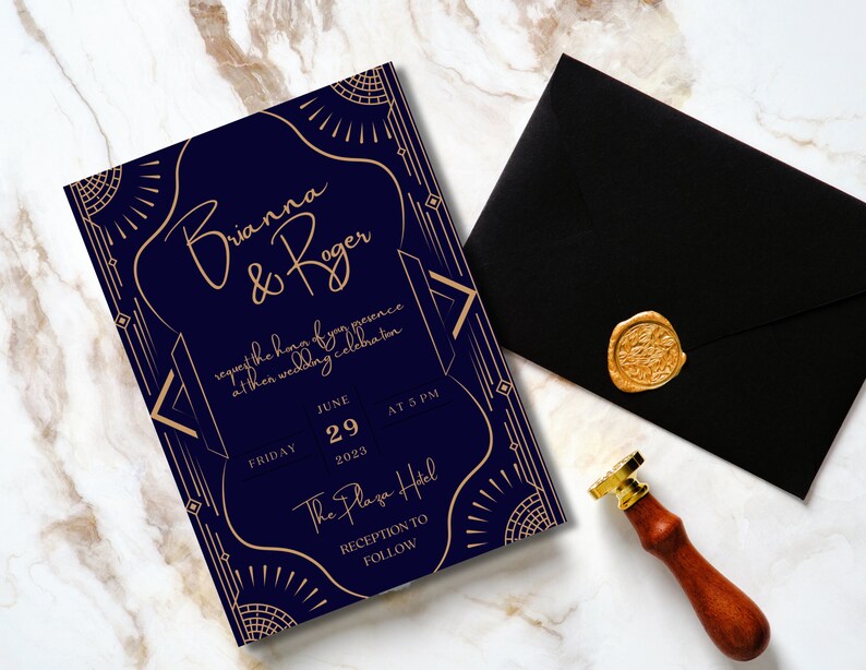 Art Deco Navy and Gold Wedding Invitation Template, Printable Wedding ...