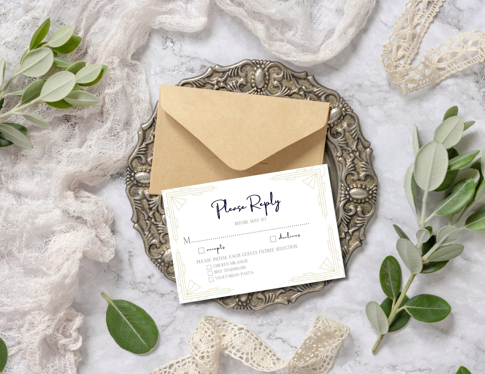 Art Deco Wedding Invitation Template With RSVP and Details Card: Green ...