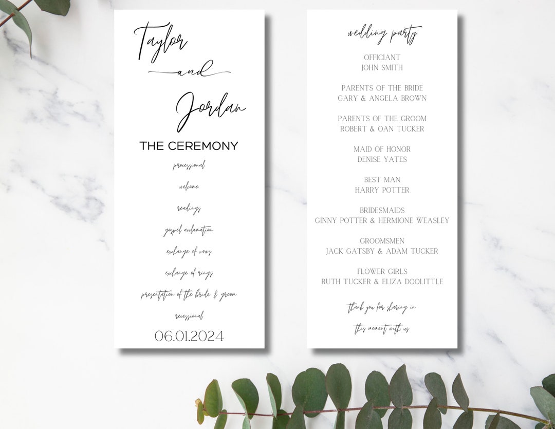 Minimalist Wedding Program Template, Printable Wedding Program, Black ...